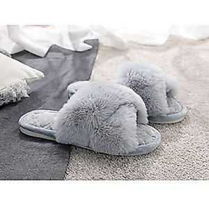 HUMIWA Grey Women's Cross Band Slippers Soft Open Toe Furry Cozy Fur House Slippers Memory Foam Sandals Slides Soft Anti-Slip on Home Slippers for Girls Men Indoor Outdoor