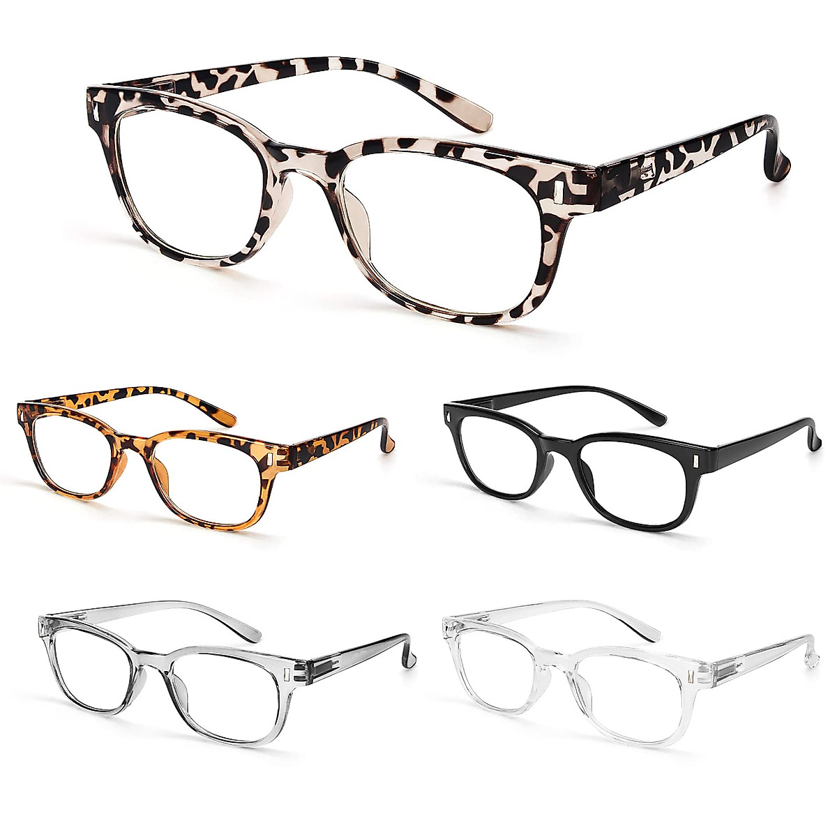 BLS BLUES Reading Glasses for Women/Men Blue Light Blocking, Computer Readers Anti Migraine/Eye Strain Blocker Eyewear 5Packs (Leopard/Tortoise/Black/Grey/Clear, 2.0)