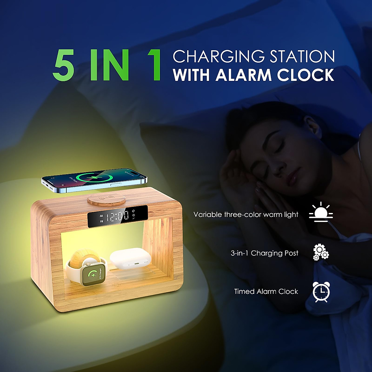 HQOBZX Bamboo Wireless Charging Station: Fast Charger with Alarm Clock, Night Light - iPhone 15/14/13/12/11 Pro Max/X/Xs Max/8, AirPods Pro, iWatch Series SE - 3-in-1 Dock for Multiple Devices