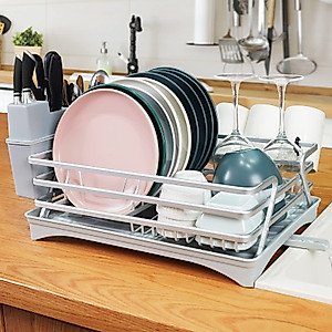 HIPPIH Dish Racks for Kitchen Counter, Dish Drying Rack with Drainboard Aluminum Compact Rustproof Dish Drainer with Adjustable Swivel Spout and Removable Utensil Racks