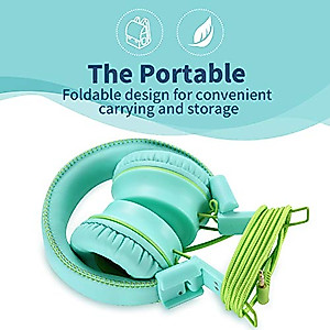 POWMEE M2 Kids Headphones Wired Headphone for Kids,Foldable Adjustable Stereo Tangle-Free,3.5MM Jack Wire Cord On-Ear Headphone for Children/Teens/Girls/Boys/School/Kindle/Airplane/Plane/ (Mint Green)