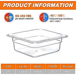 Nuenen 8 Pcs 1/6 Size, 2.6 Inch Deep Food Pan Clear Food Storage Container Polycarbonate Plastic Pan Clear Plastic Cold Pans for Kitchen Restaurant Food Prep, 1 Quart