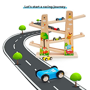 KUSARKO Wooden Race Car Ramp, 4 Level Car Ramp Race Track Toy with 4 Mini Cars, Toddler Race Car Ramp Toy Set, Gift for 3+ Age Boys and Girls