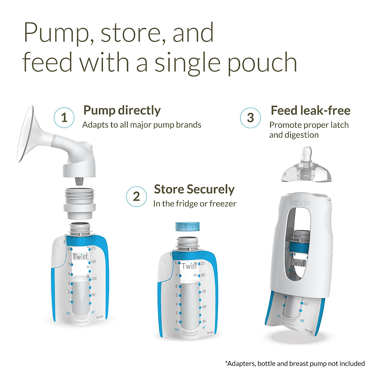 Kiinde Twist Pouch Direct-Pump Direct-Feed Twist Cap Breast Milk Storage Bag for Pumping, Freezing, Heating and Feeding, Pre-Sterilized, Breast Feeding Essentials, 8 Ounce, Pack of 40