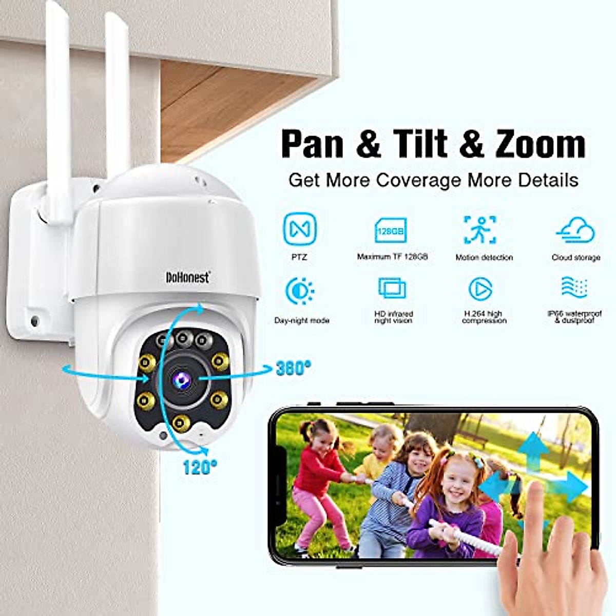 DoHonest Security Camera Outdoor HD 1080P WiFi IP Cam Pan Tilt 360° Surveillance Waterproof Home Security System Motion Detection Auto Tracking 2 Way Audio Night Vision Compatible with Alexa S02