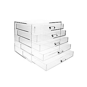 Ikee Design Premium Acrylic 5 Drawer Makeup Organizer Cosmetic Storage Jewelry Display Case for Home Storage and Store Display, 8.5" W x 7.25" D x 7.25" H