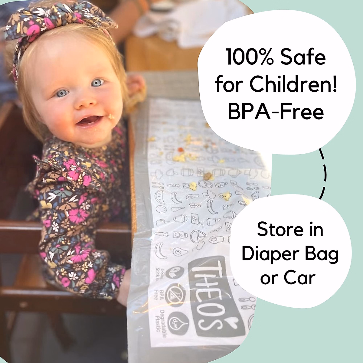 THEO'S 50 Pack Stick on Disposable Table Mats for Kids & Baby Led Weaning | Large 12" x 18" Restaurant Placemats in Re-usable Travel Pouch