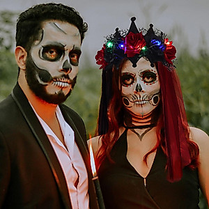 JEAIRTS Led Flower Crown Headband with Veil Day of the Dead Hair Bands Rose Mexican Floral Headpiece Gothic Costume Halloween Hair Accessories for Women and Girls