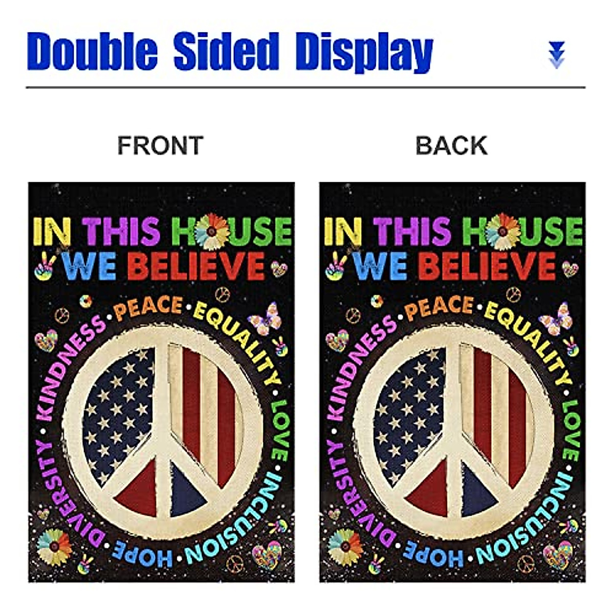 Swooflia In This House We Believe Garden Flag Small Yard Flag for Outside Decor Kindness Peace Equality Burlap Garden Banner 12x18 Inch Double Sided HYQ-223