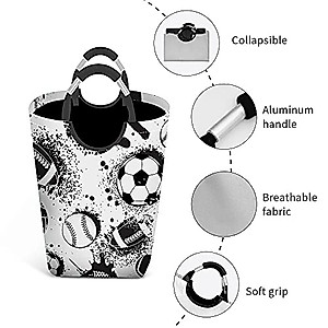 Beabes Sport Ball Black And White Laundry Hamper Folding Washing Bin Football Basketball Volleyball Baseball USA Game Lien Storage Basket With Aluminum Handle Bathroom Dorm Closet-Square