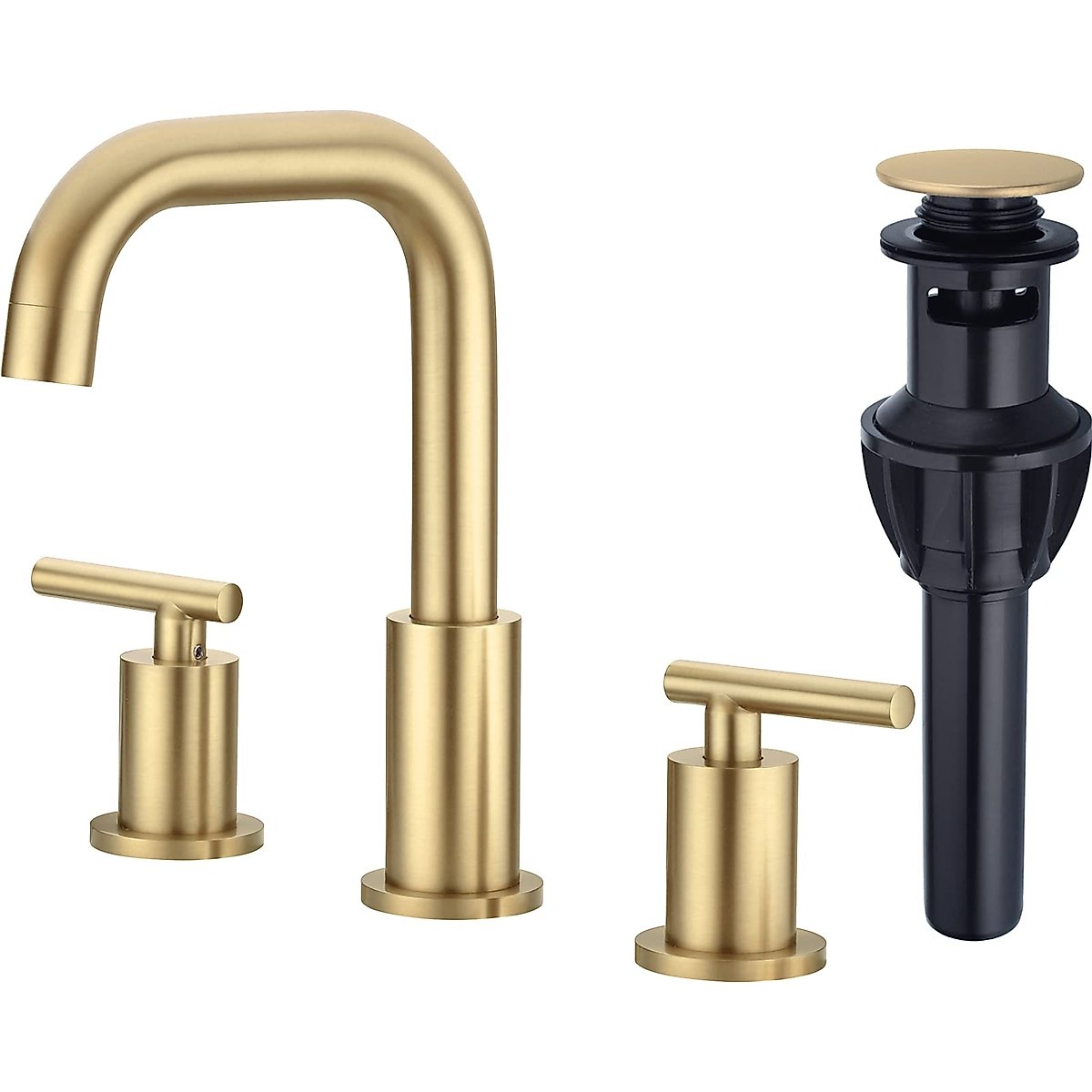 TRUSTMI Bathroom Faucet 2 Handle 8 Inch Brass Sink Faucet 3 Hole Widespread with 360 Degree Swivel Spout, cUPC Water Supply Lines and Overflow Pop Up Drain Included, Brushed Gold