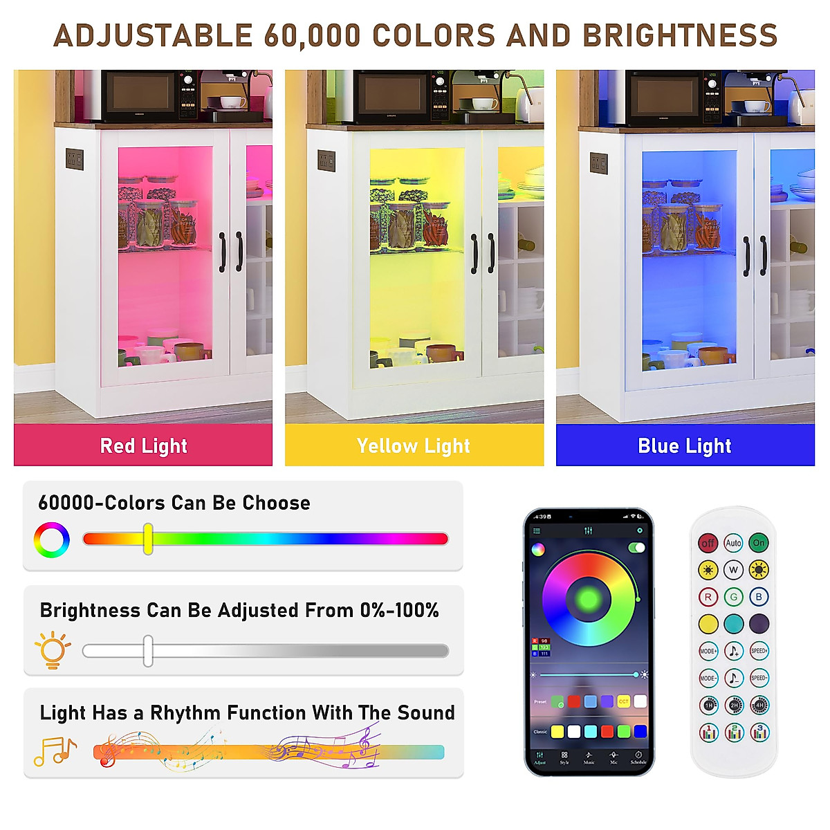 Vinctik 6&Fox Farmhouse LED Coffee Bar w/60000-color Lights,Power Outlet,7 Hooks,9Wink Racks,Adjustable Shelf for Tea Liquor Wine.Sliding Glass Door