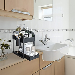 2 Tier Under Sink Organizers and Storage, 2 Pack Sliding Under Bathroom Cabinet Storage Drawer Organizer with Storage Drawer with 8 Hooks and 2 Hanging Cups, Multi-purpose Under Sink Organizer, Black