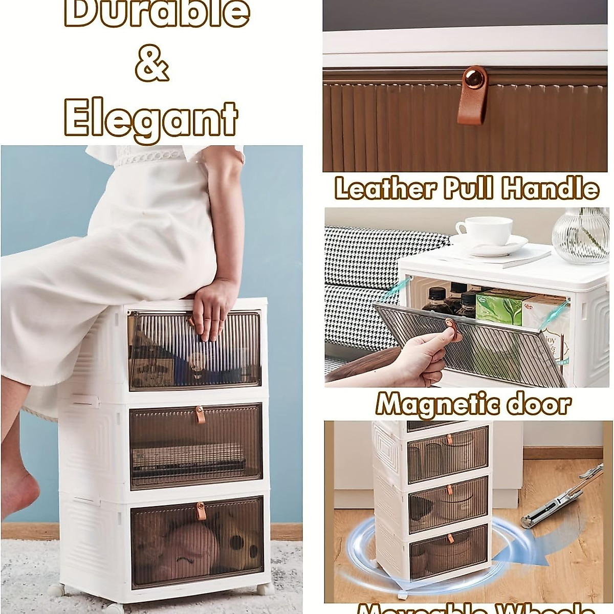 5 Tier Stackable Storage Bins with Lids, 28Qt Plastic Storage Containers with Magnetic Doors & Wheels, Convenient Storage Bins Closet Organizers, Household Organization for Home, Party, Office, Dorm