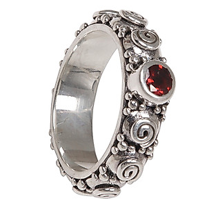 NOVICA Artisan Handmade Garnet Singlestone Ring Sterling Silver from Indonesia Red Birthstone [crownbezel 0.2 in H x 0.2 in Diam. Band Width 6 mm W] ' Swirls of Joy in Red'