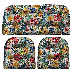 RSH Décor Indoor Outdoor 3 Piece Tufted Wicker Cushion Set 1 Loveseat & 2 U-Shape-Choose Color & Size (Oakmont Hightown Festival Red Blue Yellow Floral, 41"x19", 19"x19")