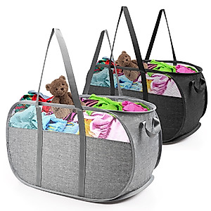 2 Pack Pop Up Laundry Hamper 65L Large Collapsible Laundry Baskets Laundry Basket with Durable Handles Mesh Laundry Hamper for Clothes Toys Perfect for Bathroom Dorm Travel Kids Room Grey+Black