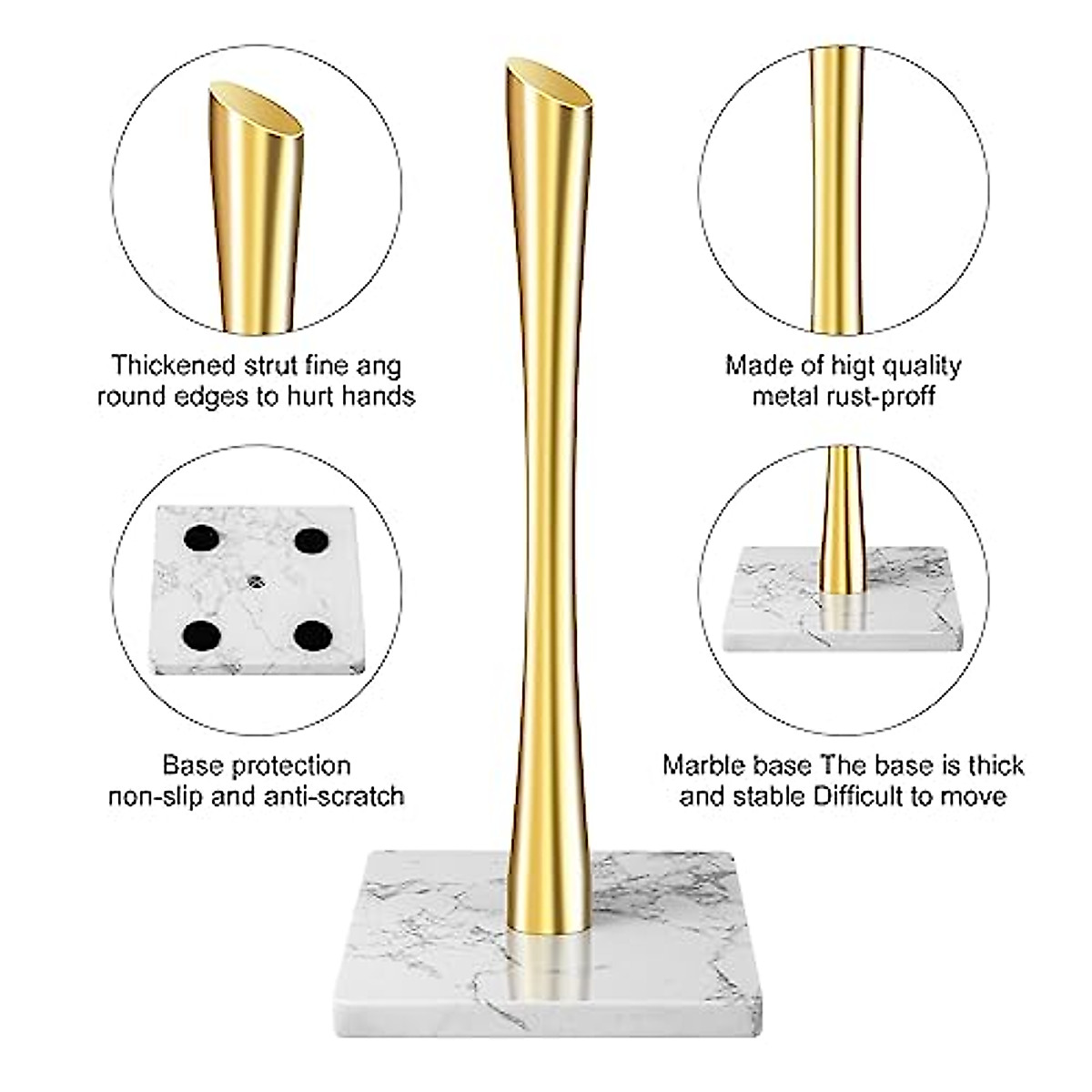 Welisya Marble Paper Towel Holder Gold Countertop,Standing Kitchen Paper Towel Holder Roll Holder- for Kitchen Bathroom Countertop, Standard Paper Towel Holder (with Marble Base)