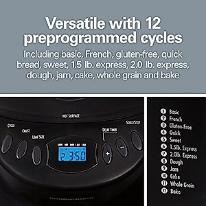 Hamilton Beach Bread Maker Machine, Digital, Programmable, 12 Settings + Gluten Free, Dishwasher Safe Pan + Kneading Paddle, 2 lb Capacity, Black (29882)