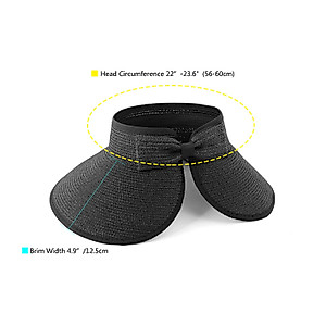 Women Sun Visors Foldable Straw Hats Summer Beach Packable Hat Floppy Wide Brim Cap Big Heads Sombrero (Black)