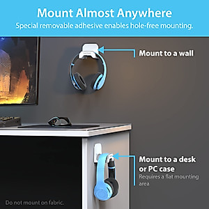 TotalMount Gaming Headset Hanger – Includes Removable Adhesive Strips for Easy, Damage-Free Wall, Desk, or PC Mounting (White Headphone Hook with Premium Silicone Cradle – One Pack)