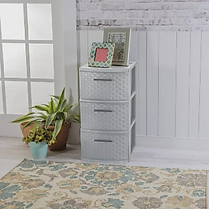 3 Drawer Weave Storage Tower Set of 2, Plastic Decorative Drawers to Organize Clothes in Bedroom with Gray Drawers