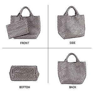 Woven Tote Bag, Women Macaron Soft Leather Weave Handbag Purse Wrist Bag Large Capacity Work Shopping Travel Daily (Silver)