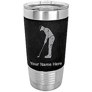 LaserGram 20oz Vacuum Insulated Tumbler Mug, Golfer Putting, Personalized Engraving Included (Faux Leather, Black)