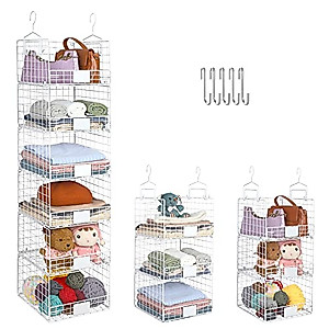 Jautokerdar 6 Tiers Hanging Closet Shelves Organizer with Name Plate S Hooks, Wall Mount&Cabinet Wire Storage Basket Bins, for Clothing Sweaters Shoes Handbags Clutches Accessories