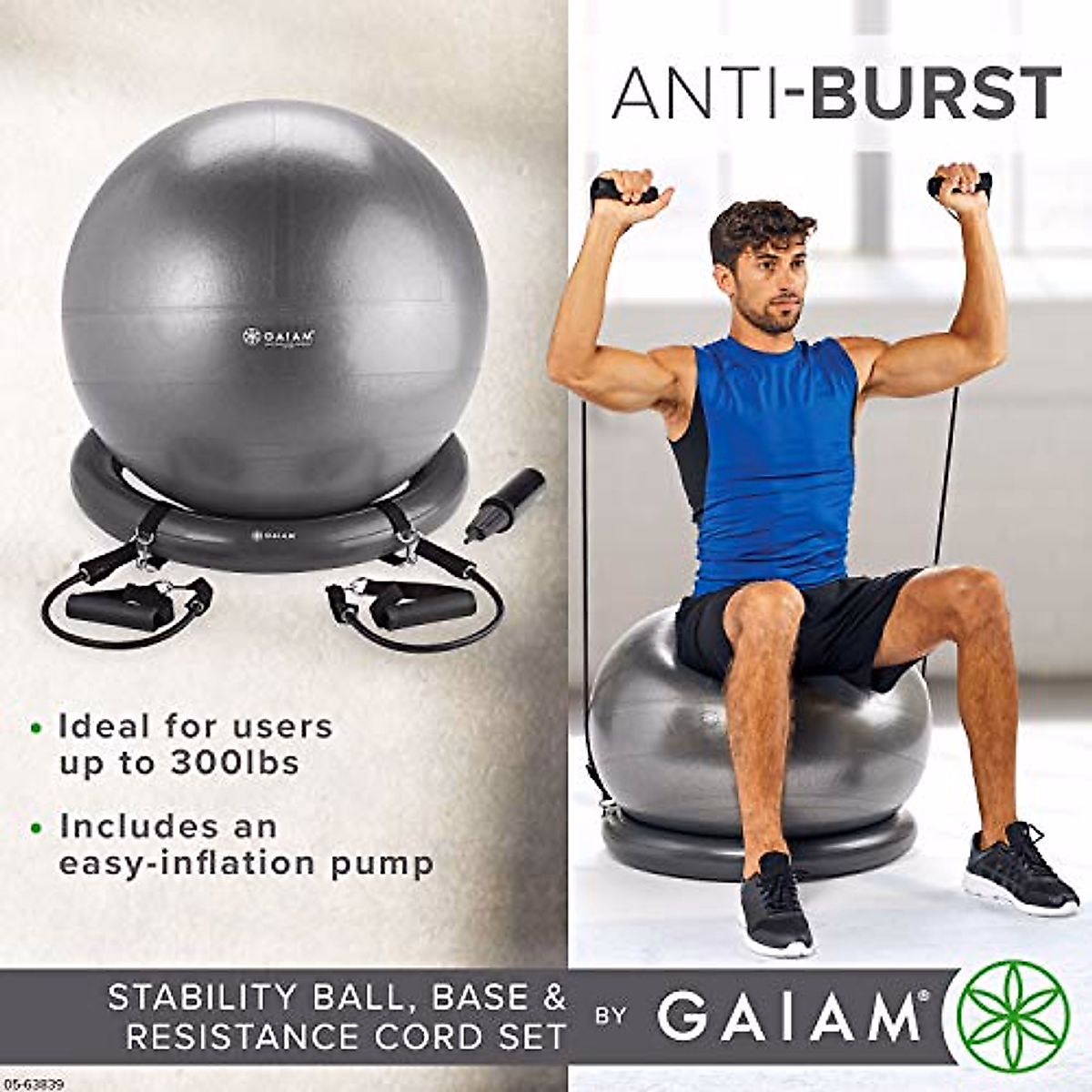 Gaiam Balance Ball, Base & Resistance Band Kit, 65cm Yoga Ball Chair, Exercise Ball with Inflatable Ring Base for Home or Office Desk, Includes Air Pump, Grey