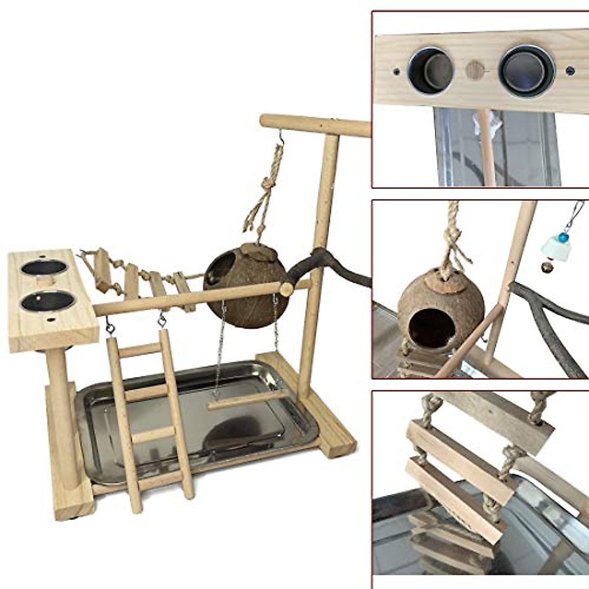 Hamiledyi Parrot Playground Bird Playstand Wood Perch Gym with Feeder Cups Toys Cockatiel Nest with Ladder for Conure Lovebirds