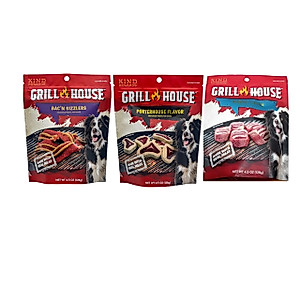 Bumpazie Grill House Bac'n Sizzlers Dog Treats, 4.5 oz. with Grill House Porterhouse Flavor Dog Treats, 4.5 oz and Grill House Ribeye Flavor Dog Treats, 4.5 oz.