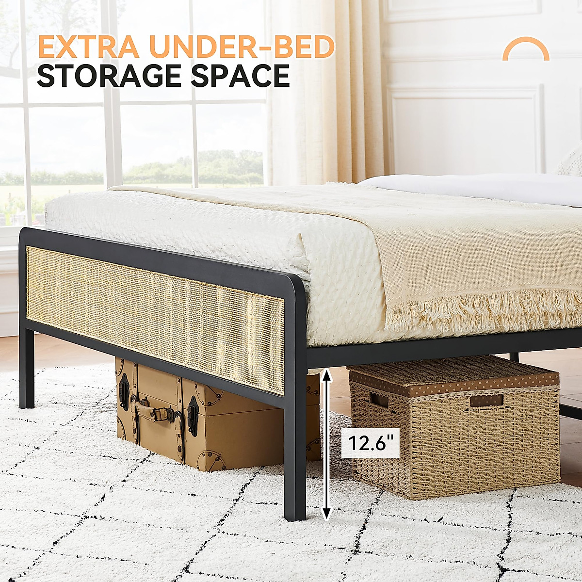 Alkmaar Full Size Metal Bed Frame with Rattan Headboard and Footboard, Platform Bed Frame with Safe Rounded Corners, Under Bed Storage, Strong Metal Slat Support, No Box Spring Needed
