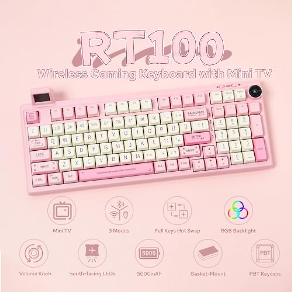 EPOMAKER RT100 97 Keys Gasket BT5.0/2.4G/USB-C Mechanical Keyboard with Customizable Display Screen, Knob, Hot Swappable Socket, 5000mAh Battery for Win/Mac(RT100 Pink, Sea Salt Silent Switch)