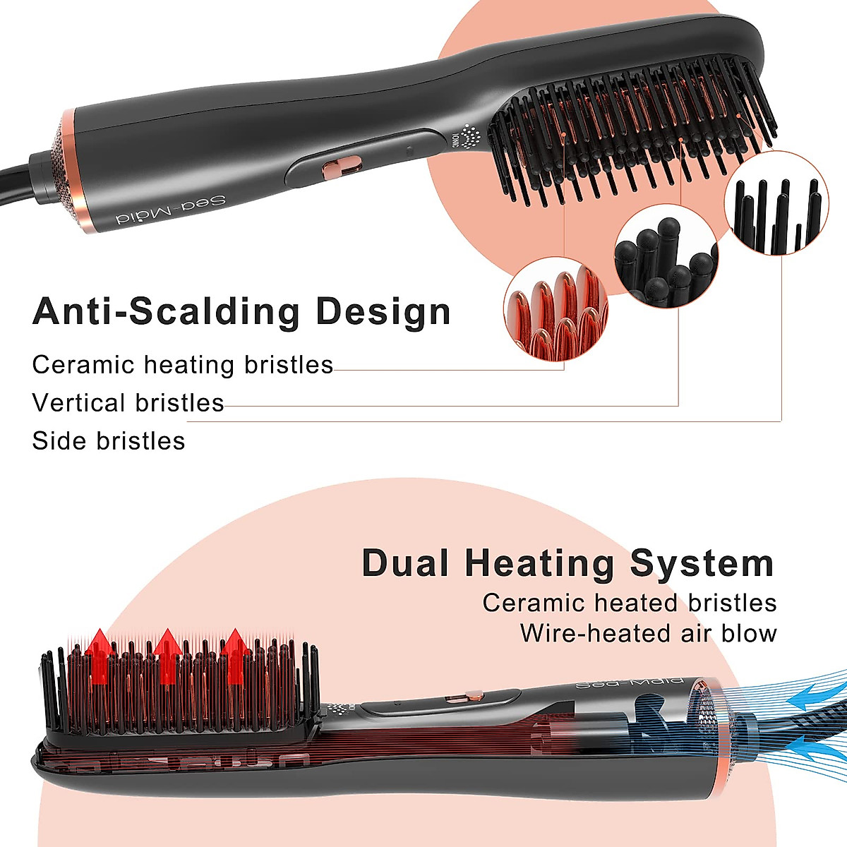 Sea-Maid Hair Straightener Brush, Ceramic Ionic Hot Air Brush with Anti-Scald, Auto Temperature Lock & Auto-Off Feature, 3 Heat