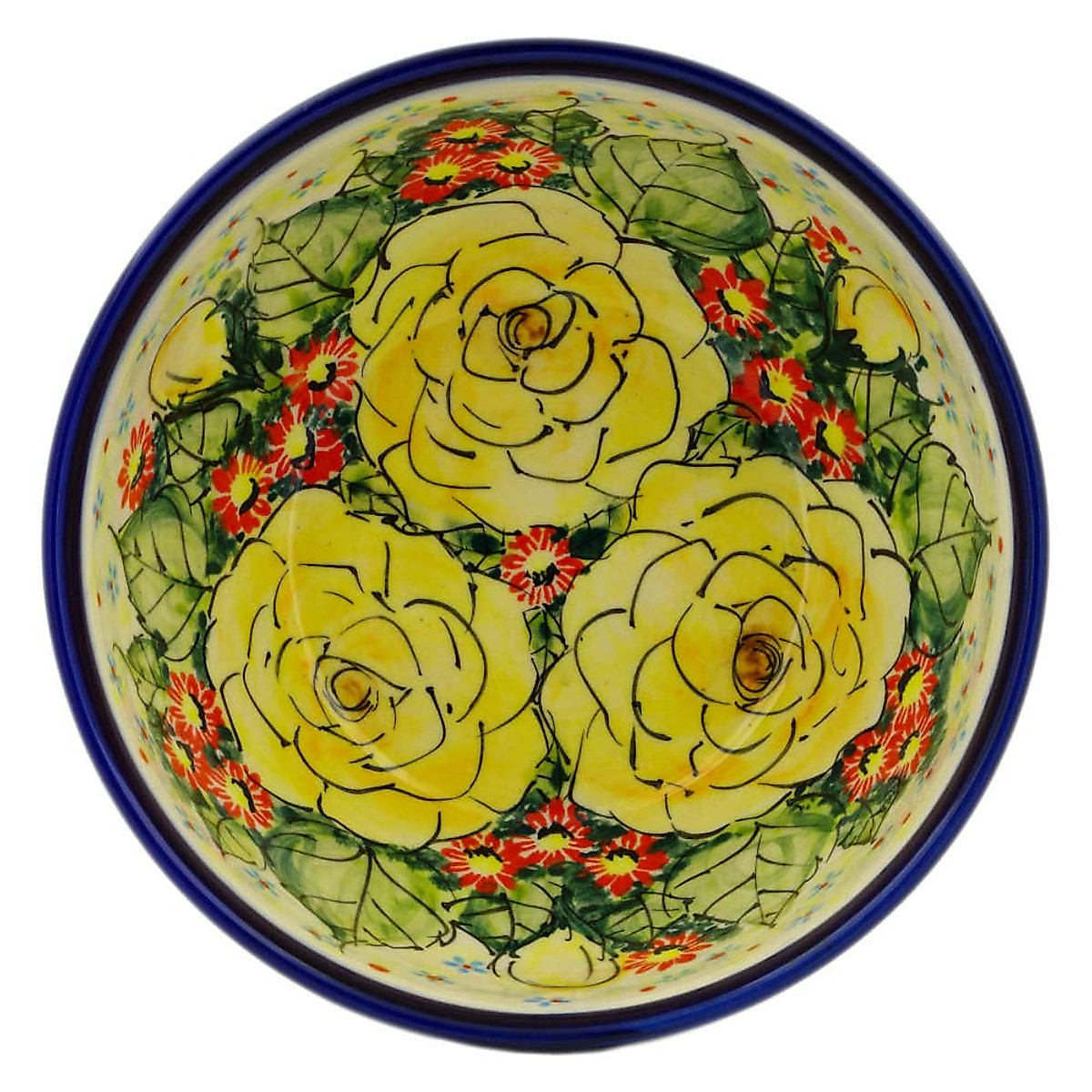 Polish Pottery 6¼-inch Bowl (Yellow Blooming Rose Theme) Signature UNIKAT + Certificate of Authenticity