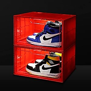 Boshen 1 Pack LED Shoe Display Cases with Voice Control Stackable Extra Large Sneaker Storage Box Magnetic Drop Side Shoe Collection Organizer for Men 13.5 & Women 14 (Red)