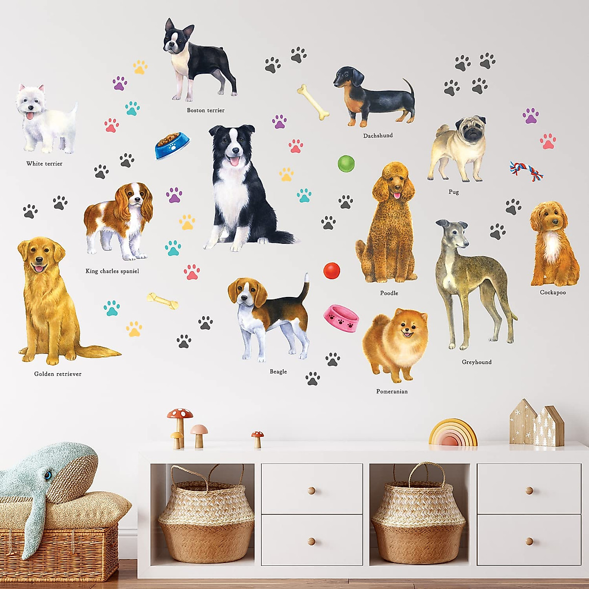 DECOWALL DS-8045 Dogs Wall Decals Stickers Kids Peel and Stick Removable paw décor Print Room Bone Puppy Bedroom Decorations Wallpaper pet Nursery Baby Golden Retrieve Terrier