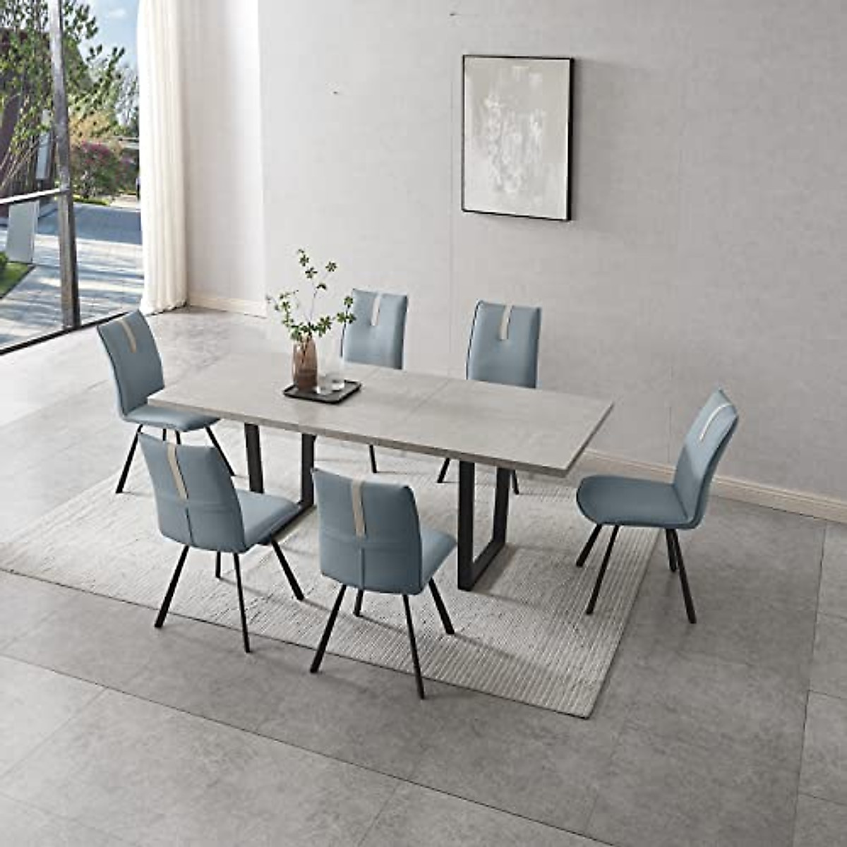ZckyCine Modern Mid-Century Dining Table Set for 6-8 People Kitchen Dining Room Table Set Extendable Solid Wood Dining Table and 4 Upholstered Chairs, Home Kitchen Furniture (Table + 6 Blue Chairs)