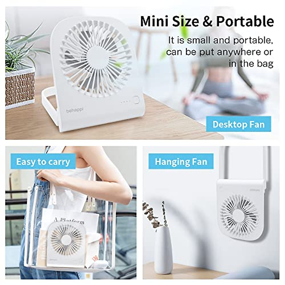 behappi 3 Speed 4800mah portable rechargeable Small Room Air Circulator desktop Fan Quiet 180° Adjustable