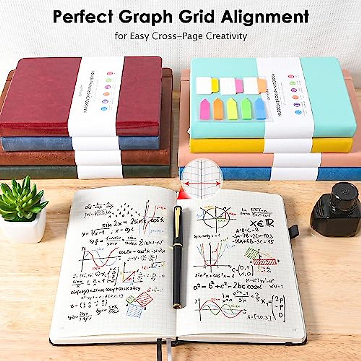 OFFIGIFT Graph Paper Notebook, 312 Numbered Pages Large A5 Hardcover Leather Journal, 100gsm No Bleed Grid Paper Notebook with Index Pages, Grid Notebook for Graphing Notes Math, 5.75" x 8.38", Black