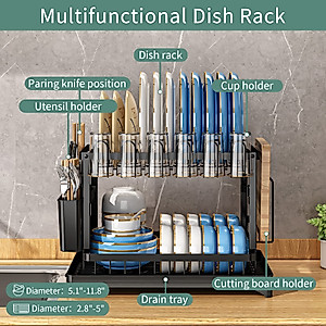 Dish Drying Rack, Dish Rack, Dish Strainers for Kitchen Counter, Dish Drainer, Dish Drying Rack with Drainboard, Large Dish Drying Rack, Dish Rack and Drainboard Set, with Utensil Holder (A, Black)