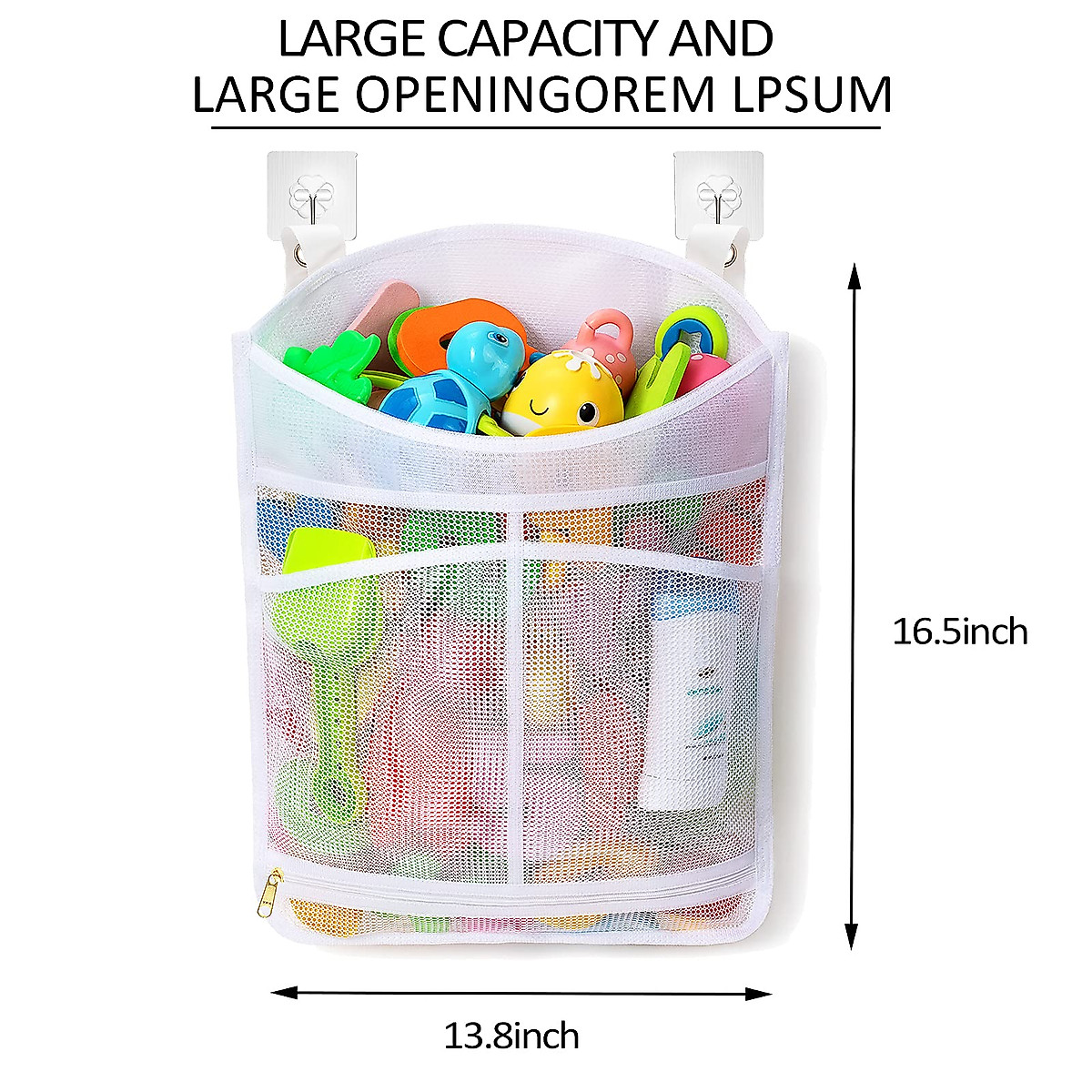 Ligereza Mesh Bath Toy Organizer, Various Hanging Ways, Large Capacity Large Opening, YKK Zipper, 4 Super Hooks, with Two Compartment Pockets, Baby Bathtub Toy Storage Bag (Large White)