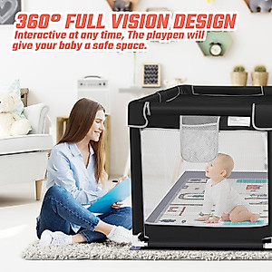 Suposeu Baby Playpen with Anti-Slip Mat for Indoor and Outdoor Playard Kids Activity Center with Gate, Portable Baby Fence Area for Babies and Toddlers, Black