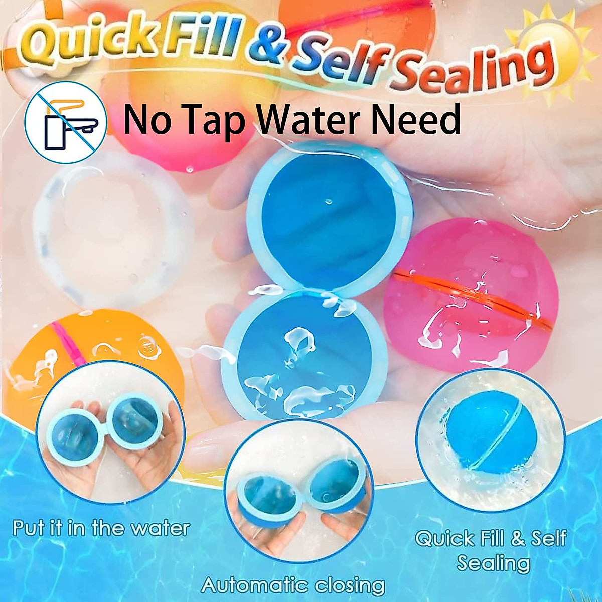 Reusable Water Balloons, Self-Sealing Refillable Water Balloons, Soft Silicone Magnetic Water Balloons, Reusable Water Bomb for Water Fight Game, Water Park, Summer Party (Multicolor - 30PC)