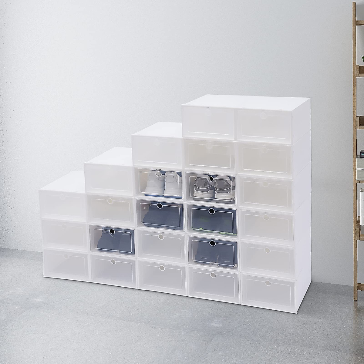 Flhonudi 24 Pack Shoe Storage Boxes Shoe Boxes with Door Shoe Plastic Stackable Shoe Organizer Boxes Multifunctional Sneaker Organizer Drop Front Shoe Box Easy Assembly