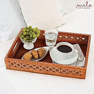 Wooden Medium Polish Decorative Trays w/Handles - “Trellis” Farmhouse Tray for Coffee Table - Wood Serving Tray for Breakfast in Bed - Mango Wood Decorative Tray w/Felt Pads - 14” x 10” x 2.5”