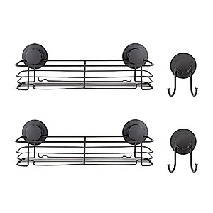 JS Jackson Supplies Set of Matte Black Suction Cup Rectangular Shower Shelves, (2) Caddies and (2) Suction Cup Shower Hooks