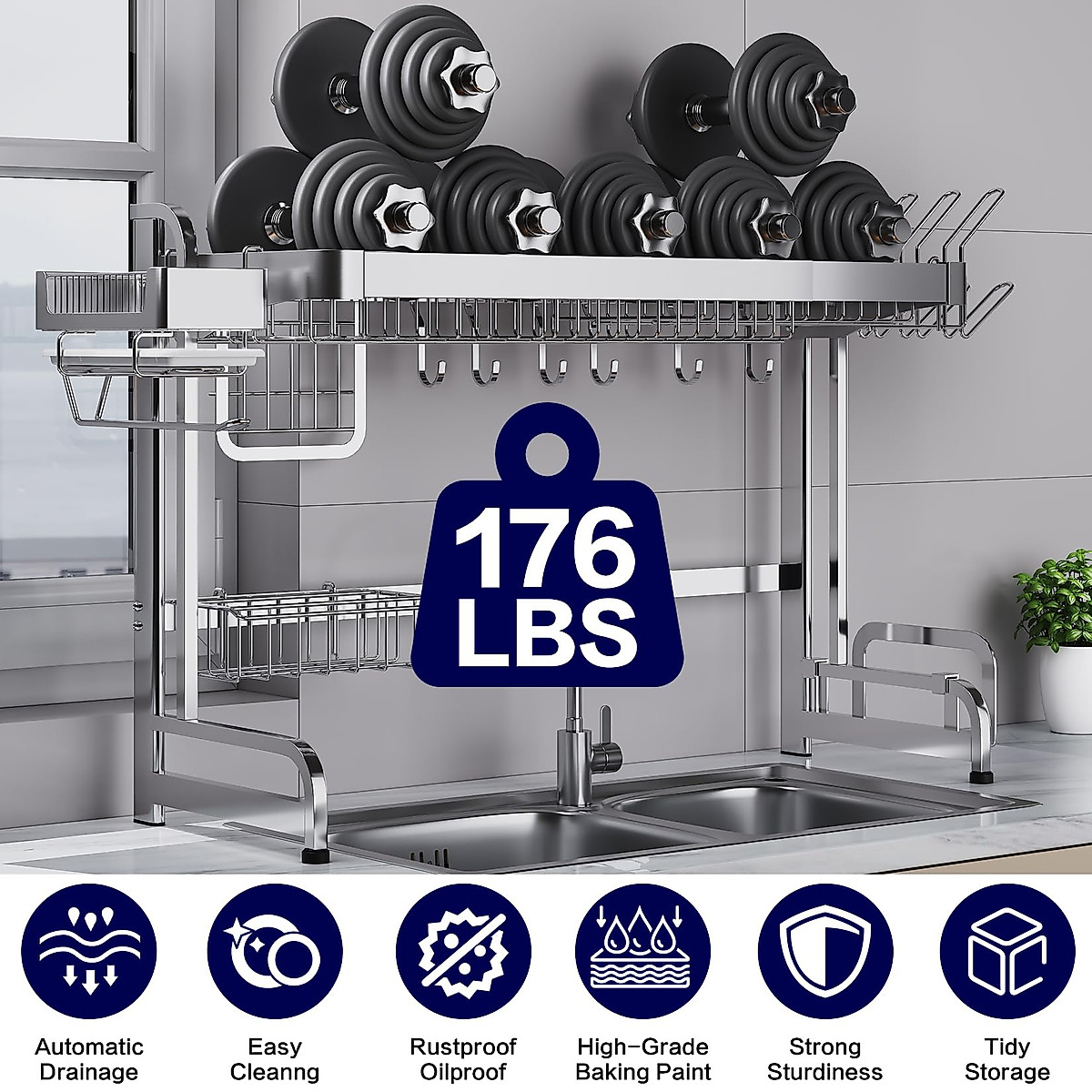 LIVOD Over The Sink Dish Drying Rack, 2 Tier Over Sink Dish Drying Rack Width Adjustable(25.6-37.6in), Durable Stainless Steel Dish Rack Over Sink Organizer, Space Saving Kitchen Sink Drying Rack