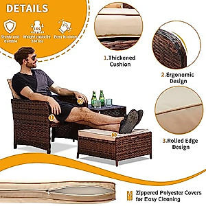 UDPATIO Balcony Furniture 5 Piece Patio Furniture Set, Outdoor Patio Chair with Ottoman for Front Porch Deck, Wicker Lounge Chair with Side Table, Khaki